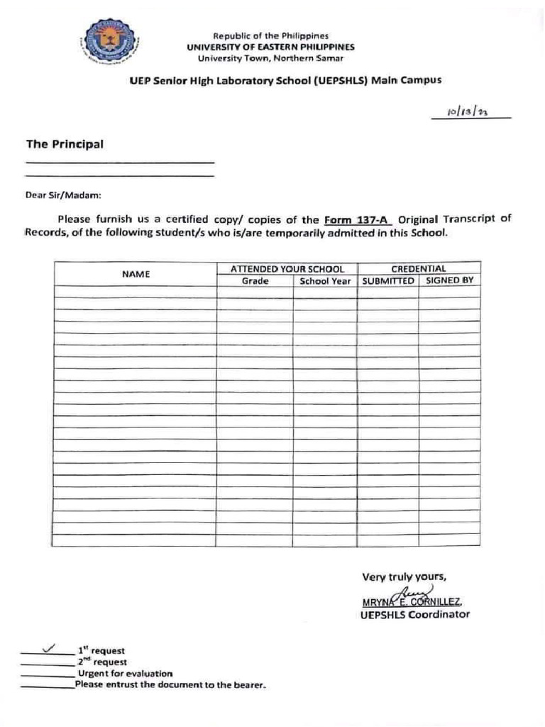 Request Transcript SHS UEP | PDF