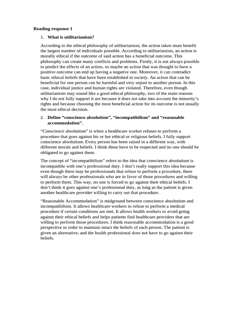 Reading Response 1.bioethics | PDF