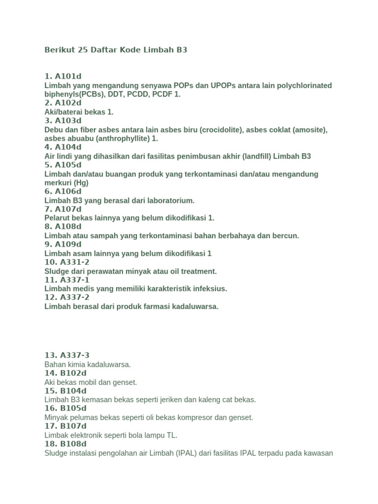 Berikut 25 Daftar Kode Limbah B3 | PDF