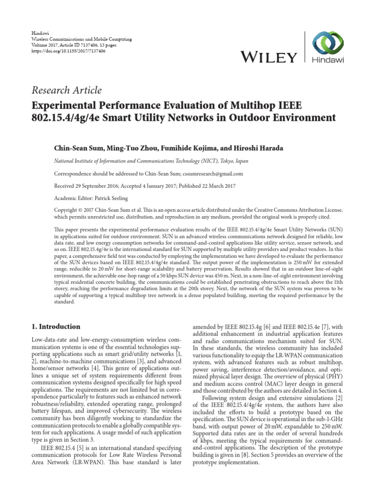 Experimental Performance Evaluation Of Multihop Ieee 802 15 4 4g 4e Smart Utility Networks In