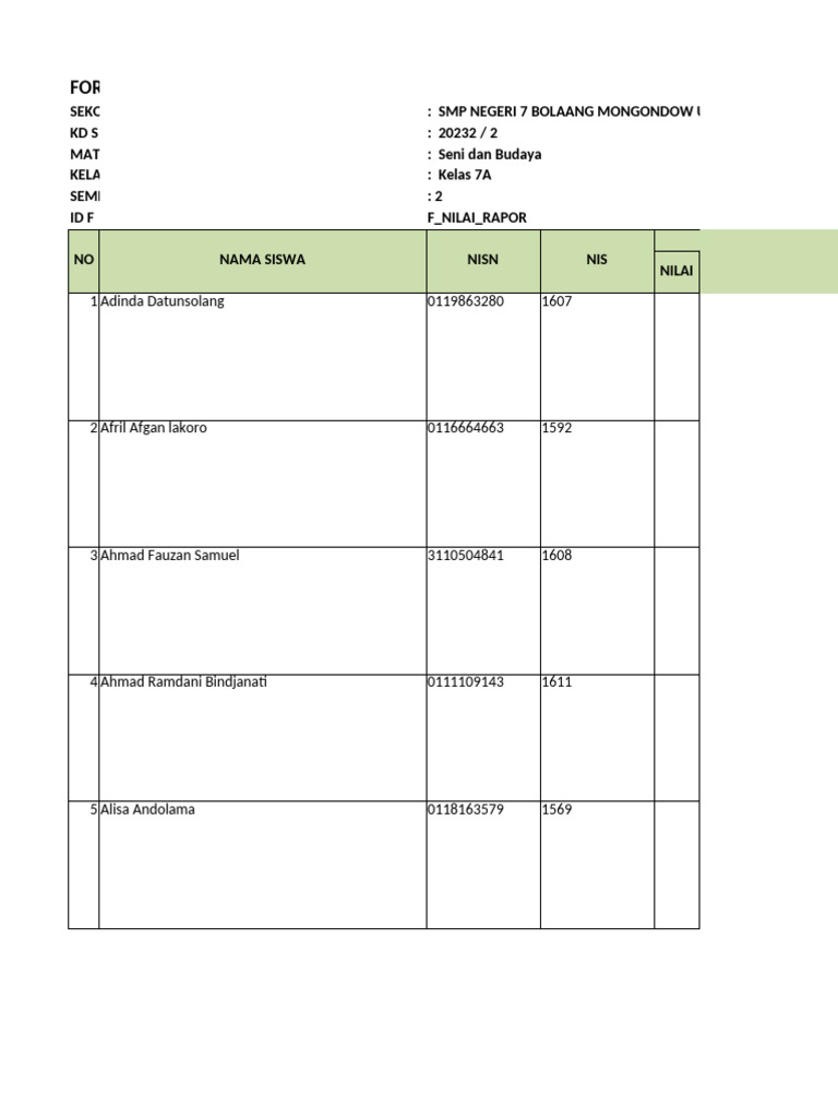 Nil SBD Kelas 7a | PDF