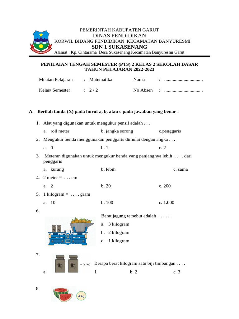 PTS MTK Semester 2 Kop Sekolah 2023 | PDF