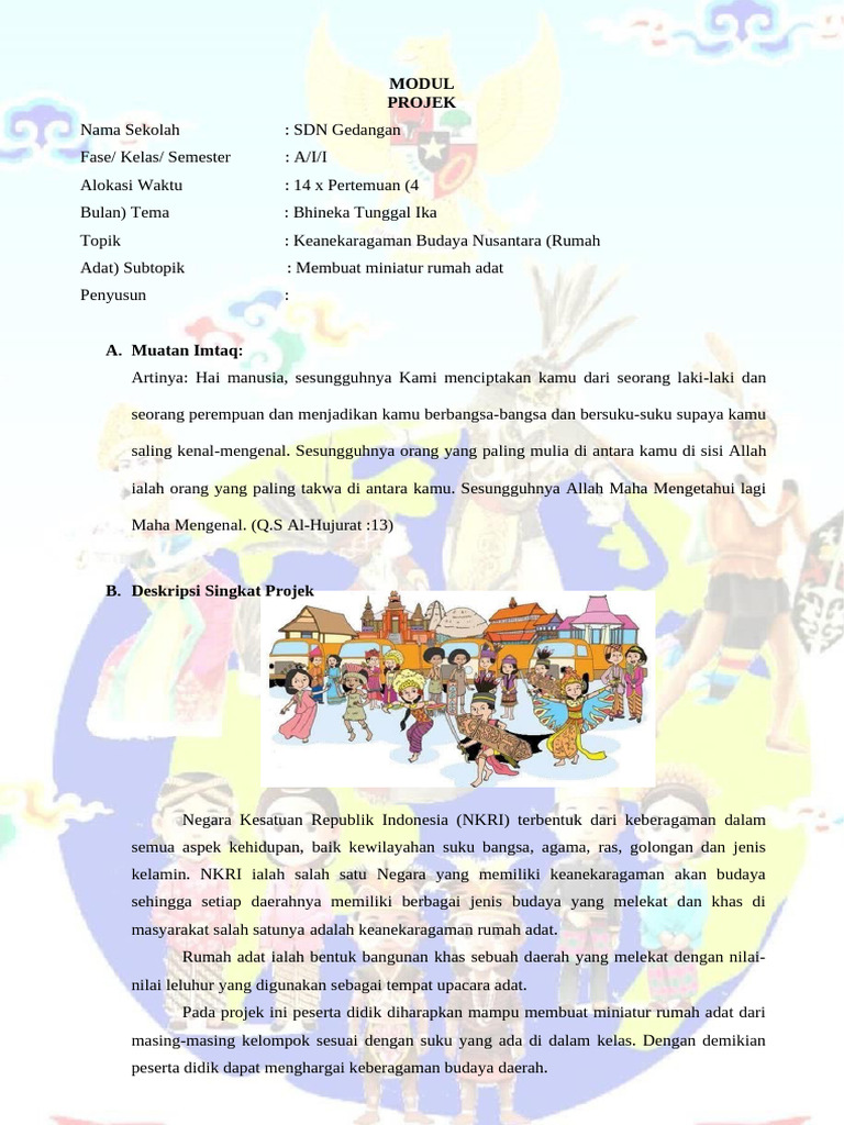 Contoh Modul Projek Fase A Tema Bhineka | PDF