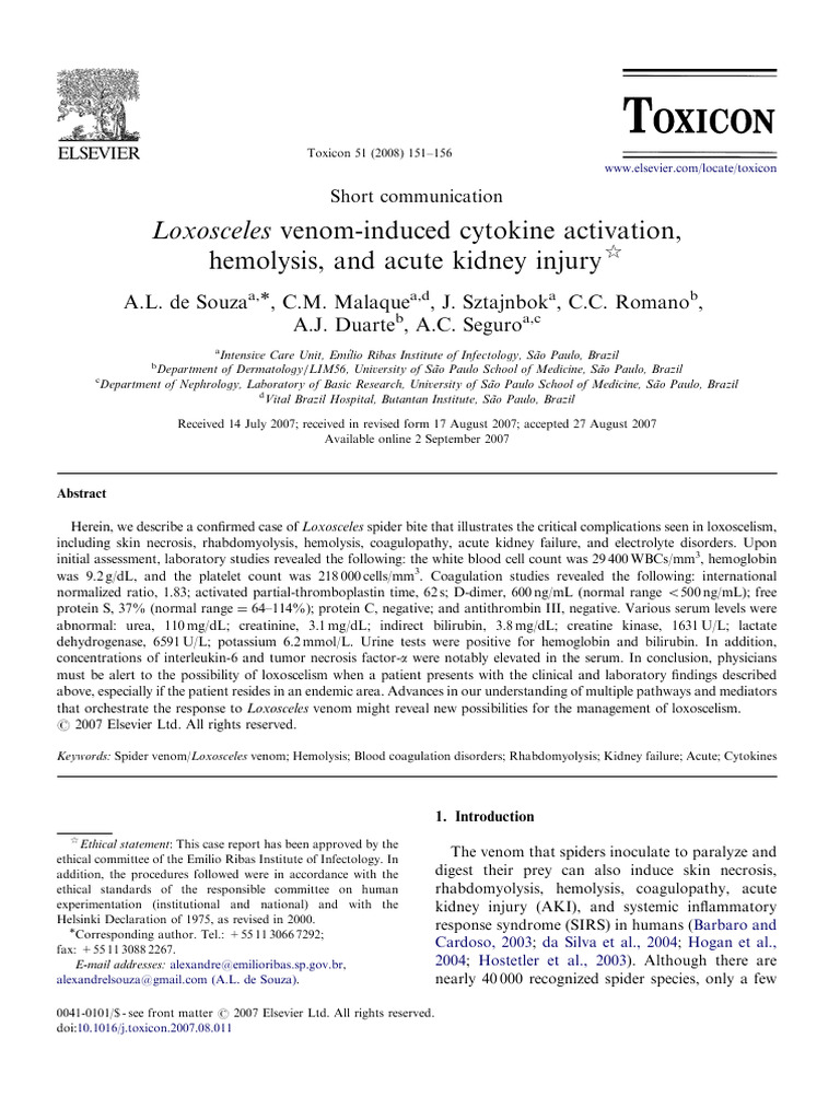Loxosceles Venom-Induced Cytokine Activation, Hemolysis, and Acute ...