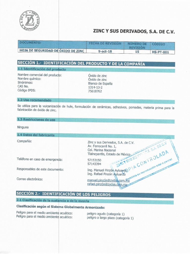 MSDS Óxido de Zinc | PDF