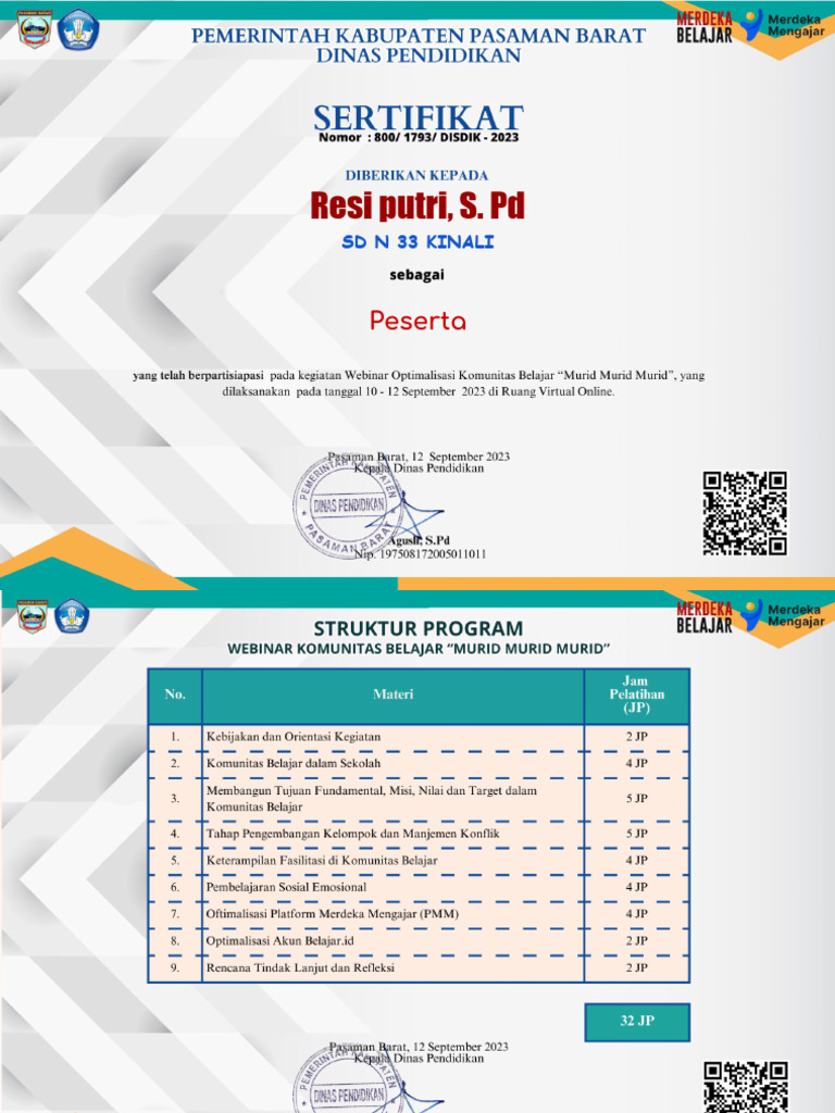 Sertifikat - Resi Putri, S. PD | PDF