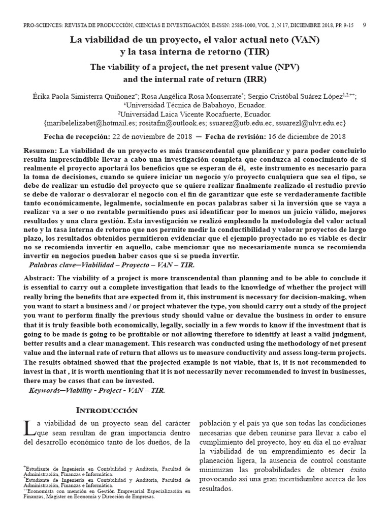 La Viabilidad de Un Proyecto, El Valor Actual Neto (VAN) y La Tasa Interna de Retorno (TIR) | PDF