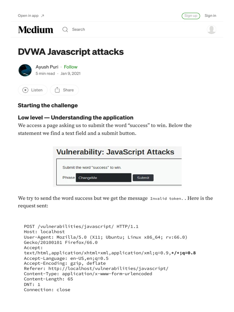 DVWA Javascript Attacks. Starting The Challenge - by Ayush Puri | PDF
