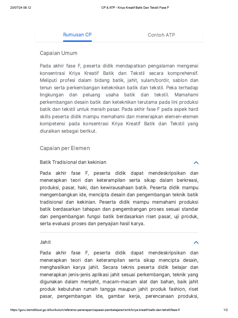 CP & ATP - Kriya Kreatif Batik Dan Tekstil Fase F | PDF