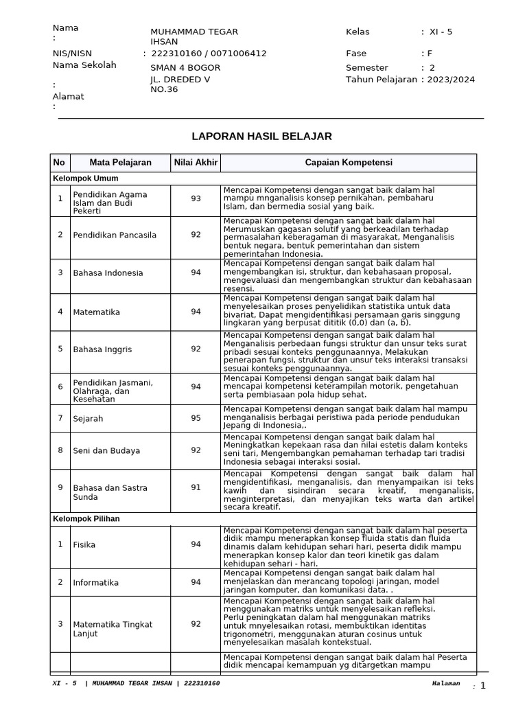Rapor Siswa 20232 0071006412-2 | PDF