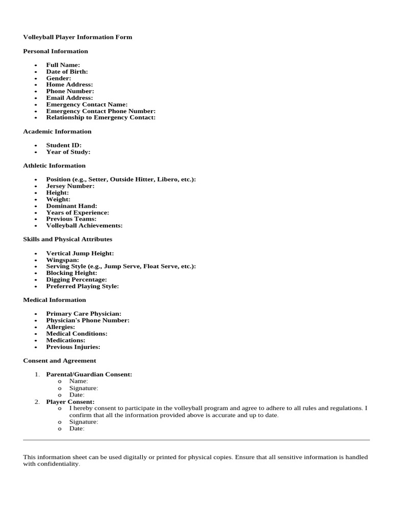 Volleyball Player Information Sheet | PDF