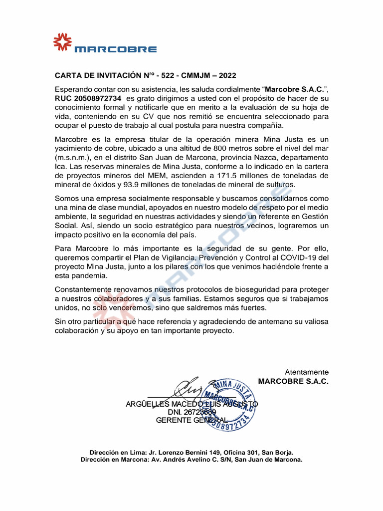 Carta de Invitacion Seleccionados 2022 Marcobre | PDF