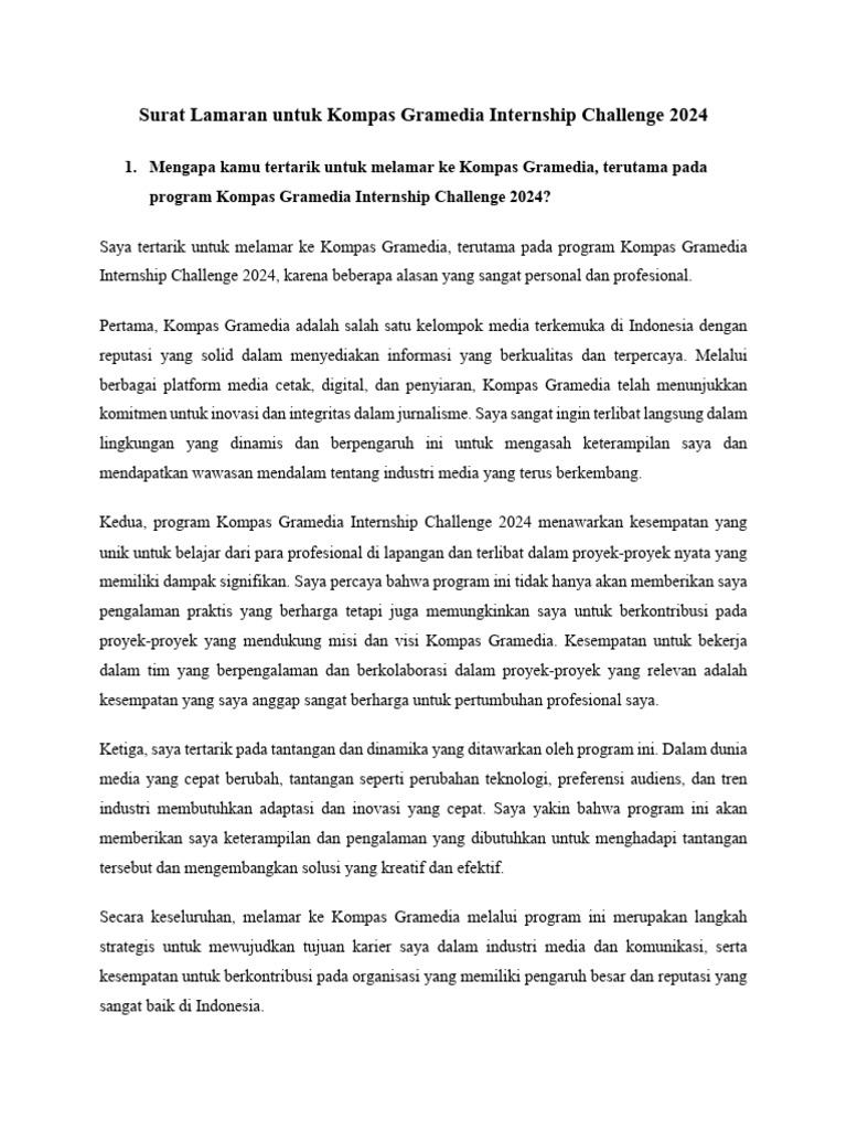 Surat Lamaran Untuk Kompas Gramedia Internship Challenge 2024 - Mery ...