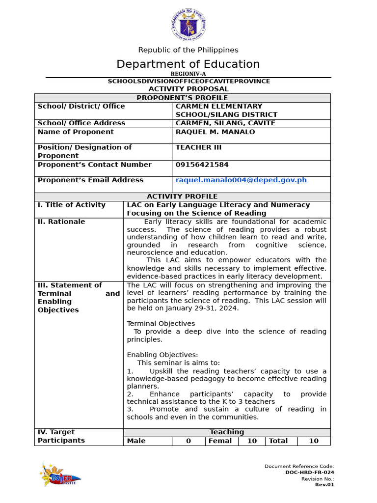 Proposal For LAC On Reading | PDF | Literacy | Teachers