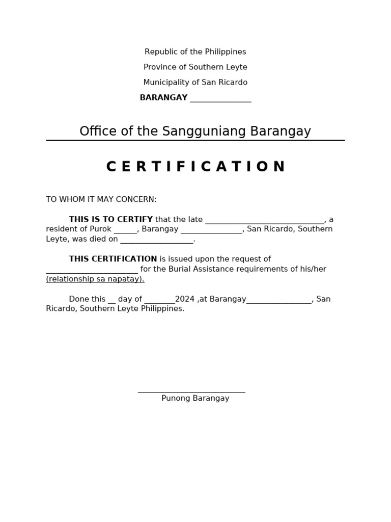 Barangay Burial Certification | PDF