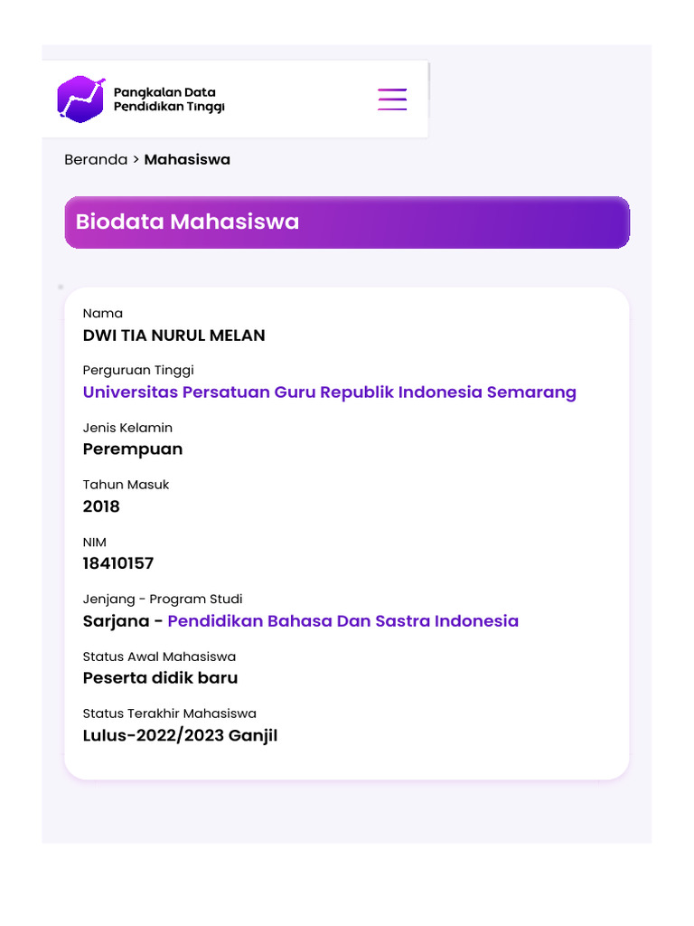 Dwi Tia Nurul Melan - Pend Bahasa Dan Sastra Indo - NIM PDDIKTI | PDF