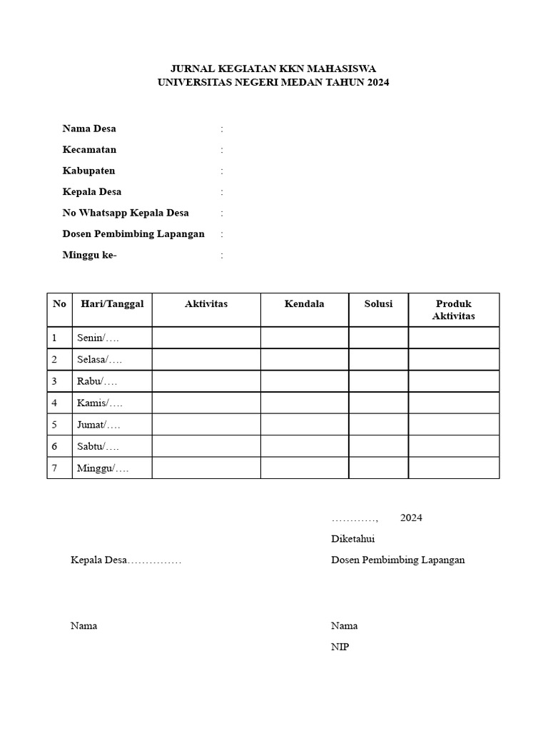 Template Jurnal Kegiatan KKN Mahasiswa Universitas Negeri Medan Tahun ...