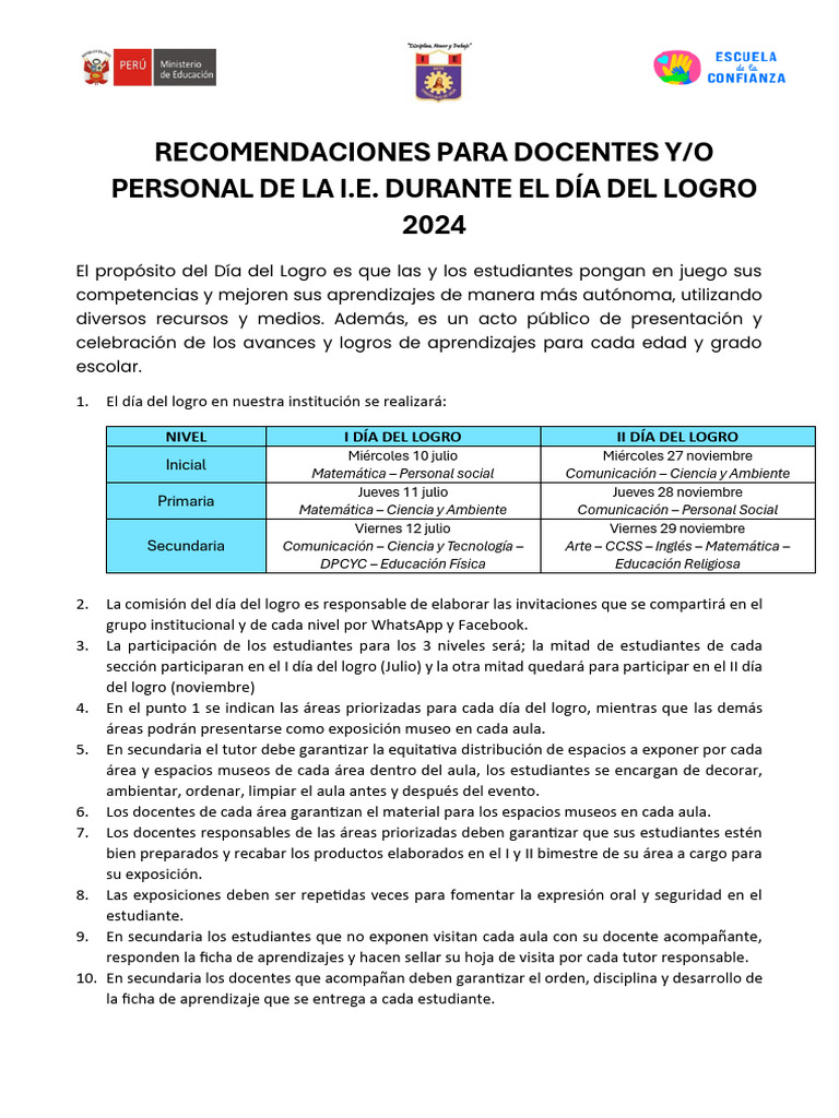 Recomendaciones para El Dia Del Logro 2024 | PDF | Salón de clases ...