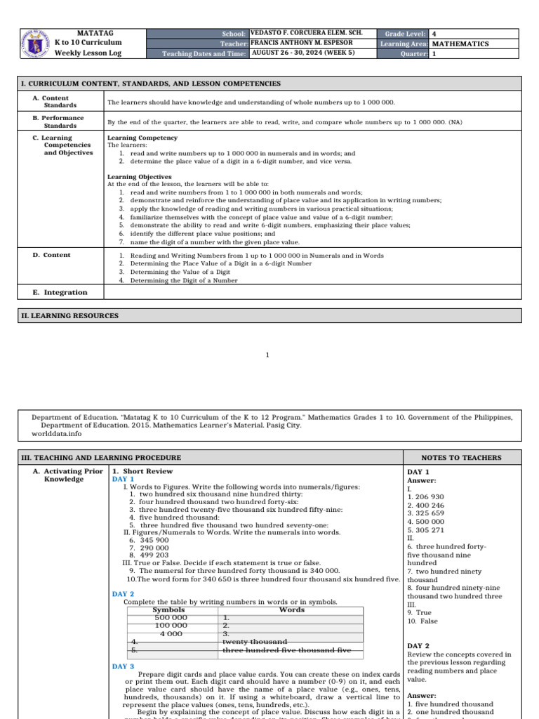 DLL Matatag - Math 4 Q1 W5 | PDF | Curriculum | Learning