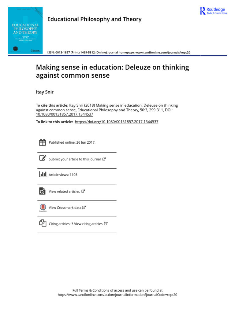 Making Sense in Education Deleuze On Thinking Against Common Sense | PDF