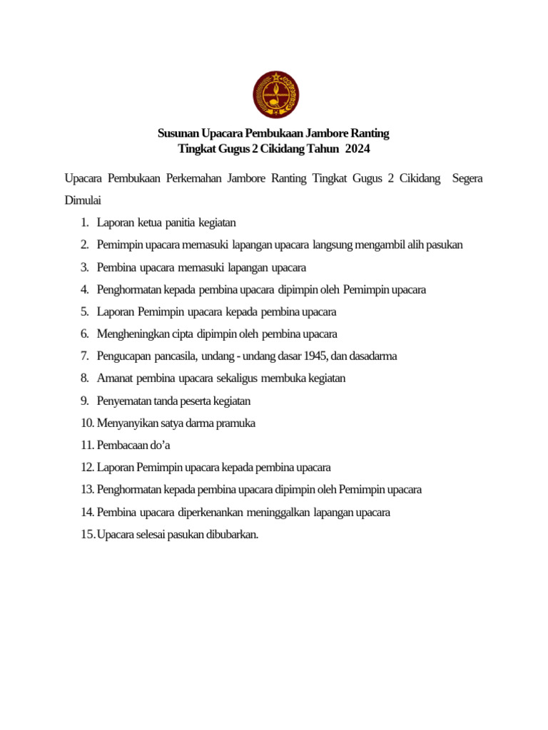 SUSUNAN UPACARA PEMBUKAAN JAMBORE RANTINGKWARTIR RANTING KEJAJAR TAHUN ...