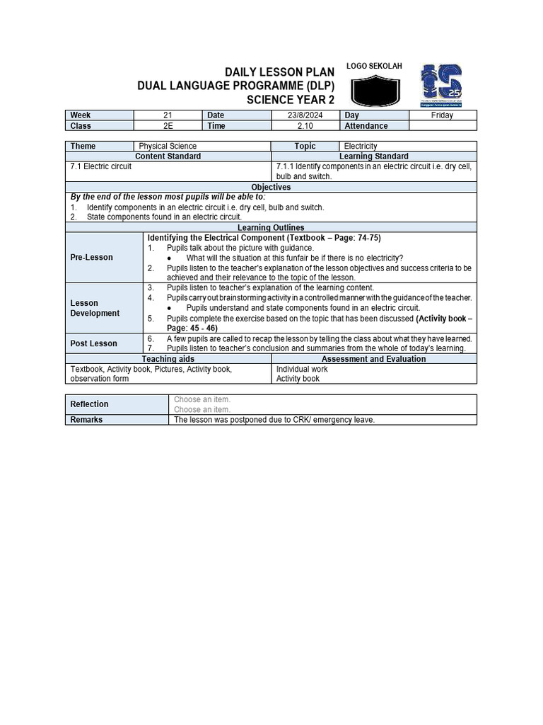 Daily Lesson Plan Dual Language Programme (DLP) Science Year 2 | PDF