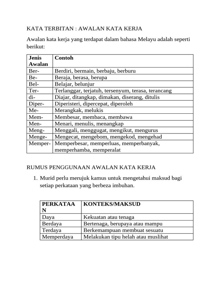 KATA TERBITAN Awalan Kata Kerja | PDF