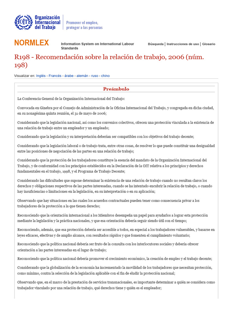 Recomendación R198 - Recomendación Sobre La Relación de Trabajo, 2006 ...