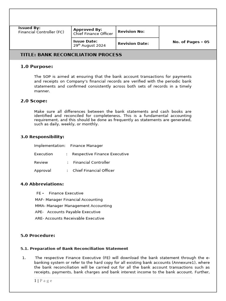 Bank Recconcilliation SOP Issued On 29th Aug 2024 | PDF