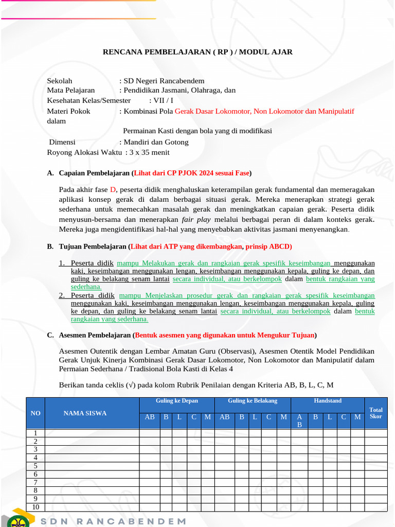 Draft RP Atau Modul Ajar PJOK | PDF