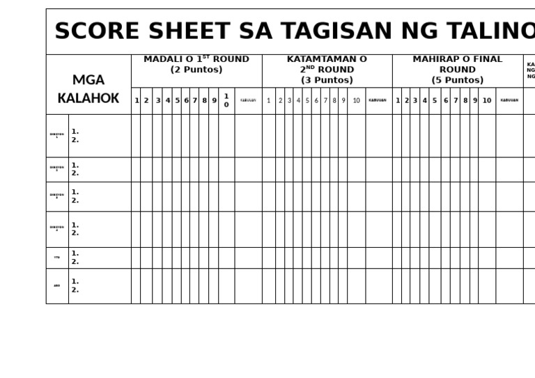 Score Sheet Sa Tagisan Ng Talino | PDF