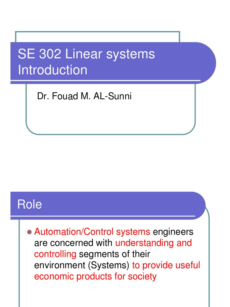Introduction To Control Systems SE302 Topic 1 - Introduction To Linear ...