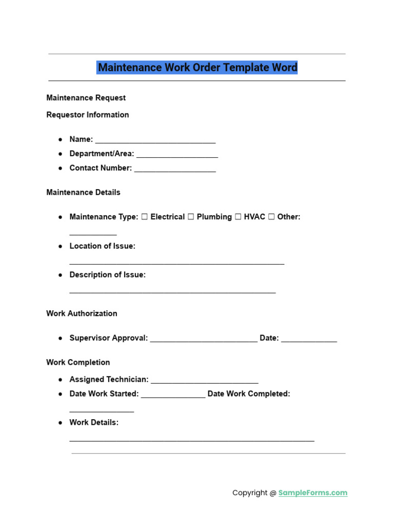 Maintenance Work Order Template Word | PDF
