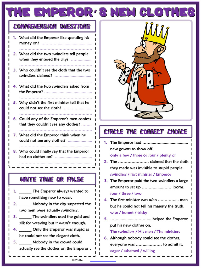 The Emperors New Clothes Esl Printable Reading Comprehension Questions ...