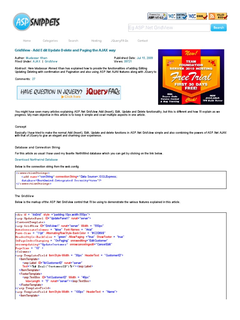ASP Snippets - GridView - Add Edit Update Delete and Paging The AJAX Way | PDF | J Query ...