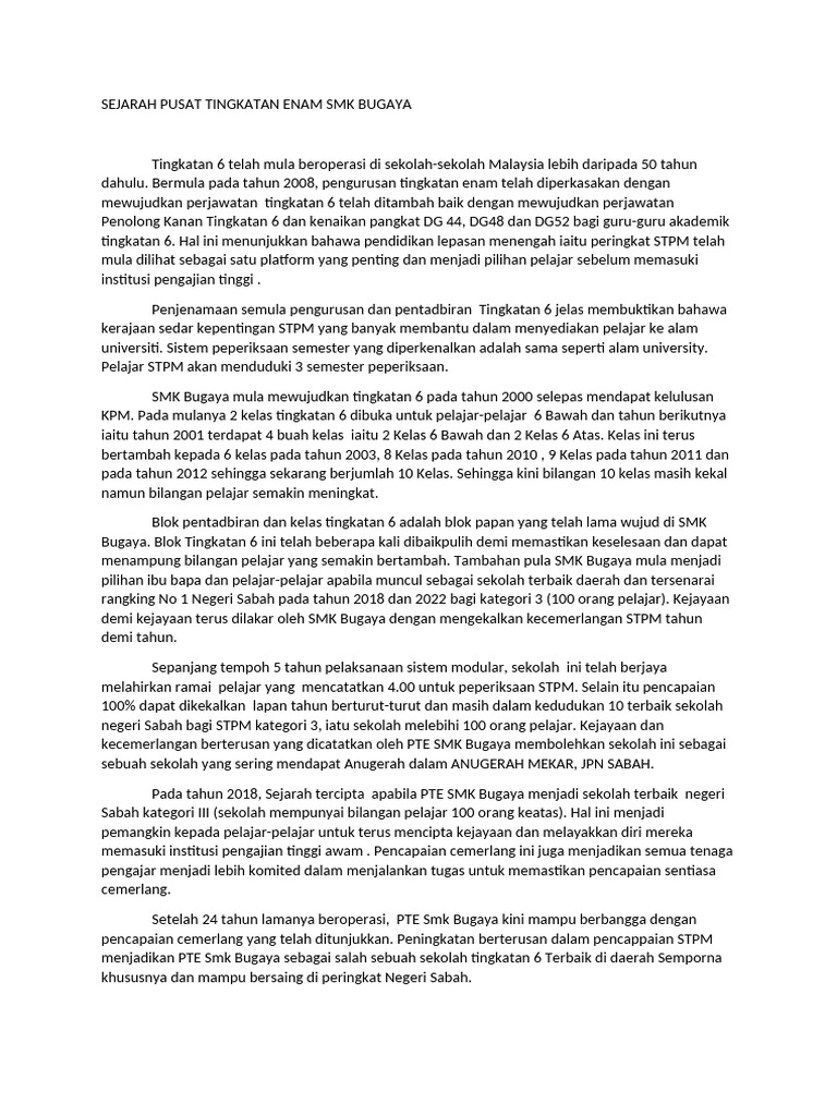 Sejarah Pusat Tingkatan Enam SMK Bugaya | PDF