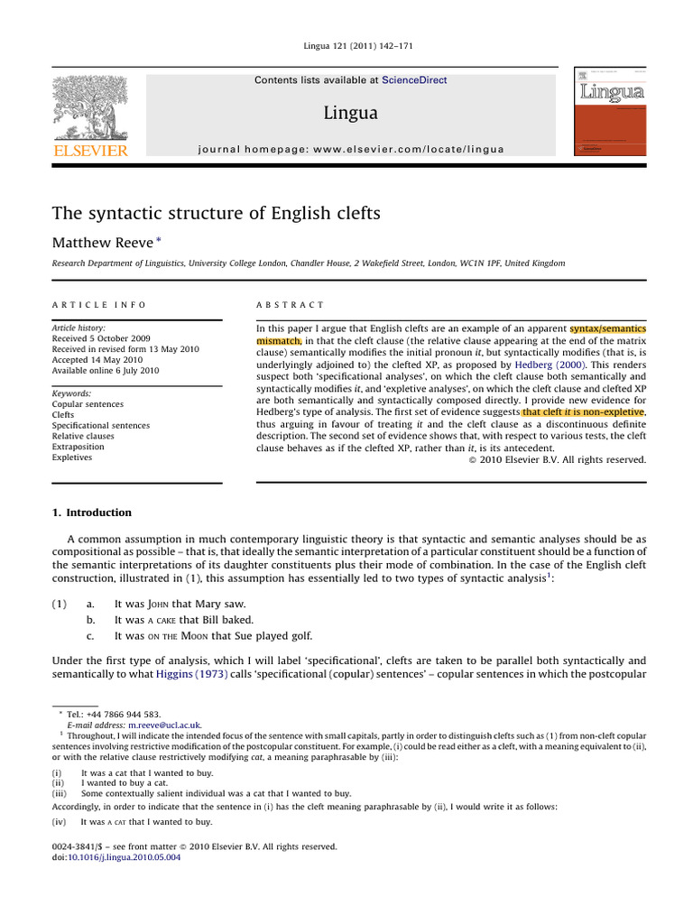 Reeve (2011) - The Syntactic Structure of English Clefts | PDF