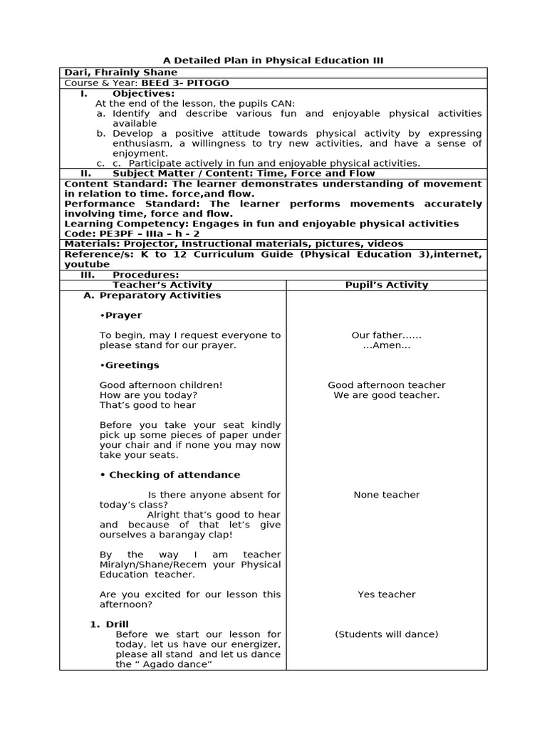 Lesson Plan For Physical Education | PDF