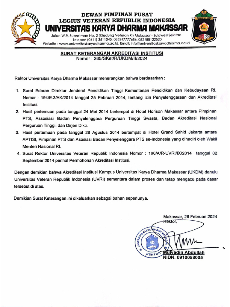 SKet Akreditasi Institusi UKDM | PDF