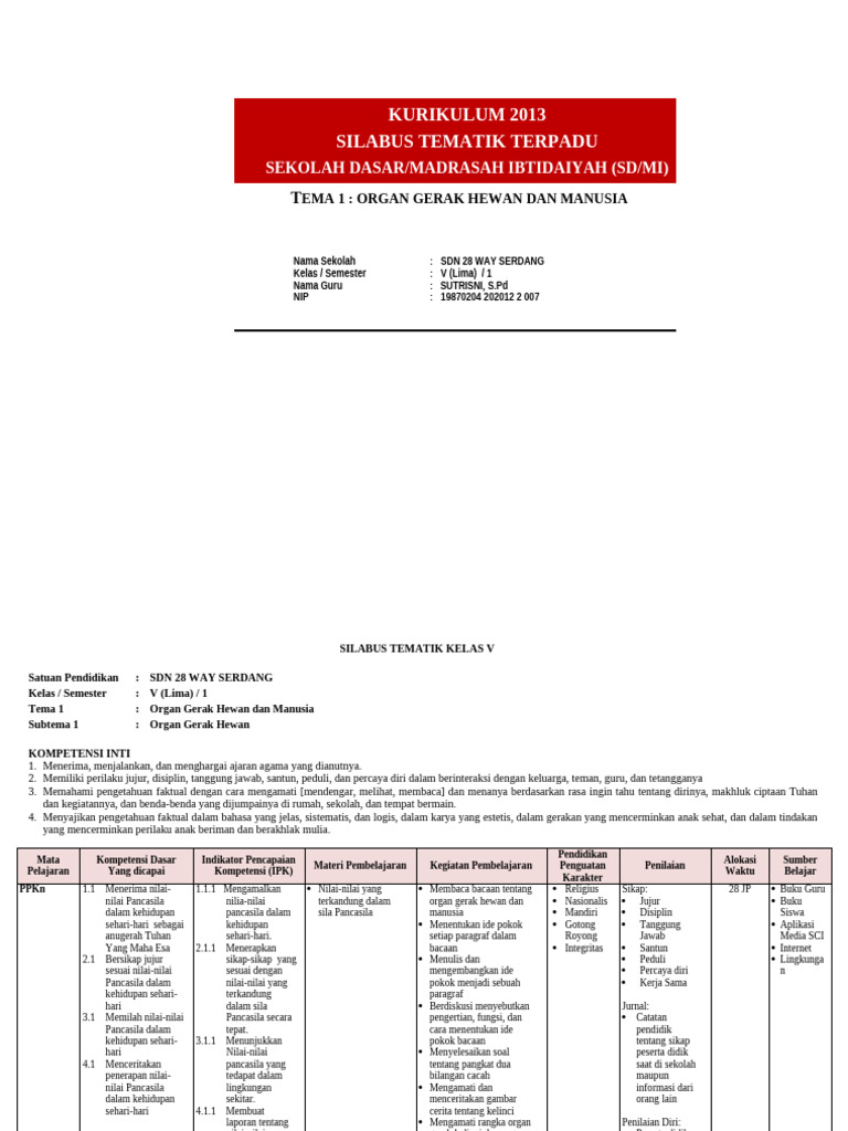 Silabus 9 Kolom Tema 1 | PDF