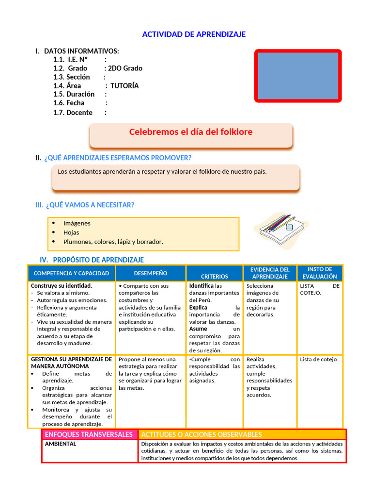 D2 A2 SESION TUT. Celebremos El Día Del Folklore | PDF