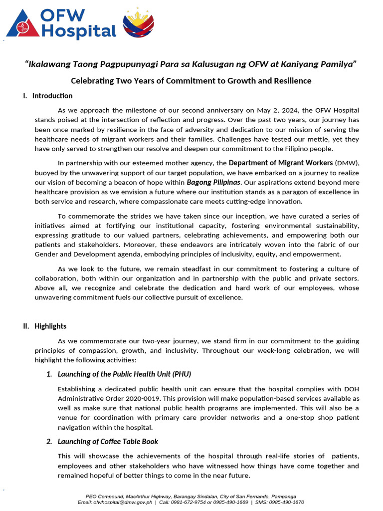 OFWH 2nd Anniv Activity Proposal 2024 | PDF