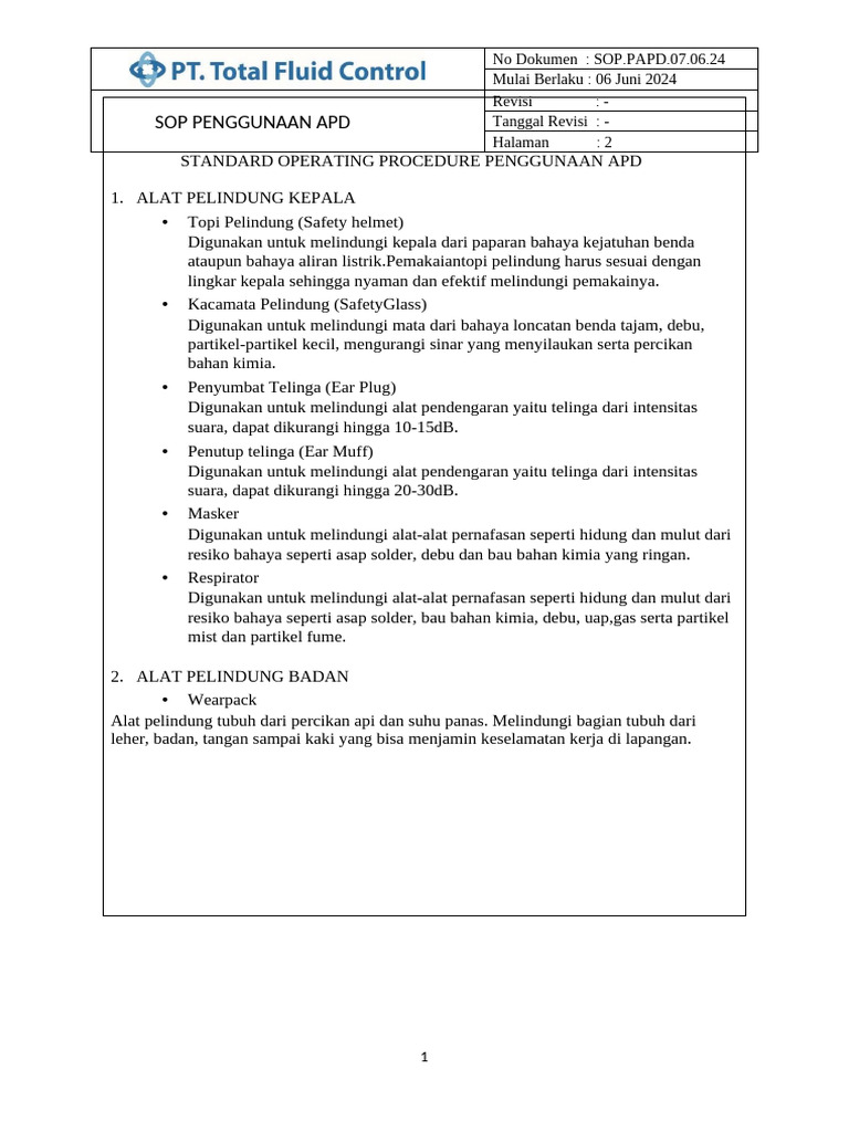 SOP Penggunaan APD | PDF