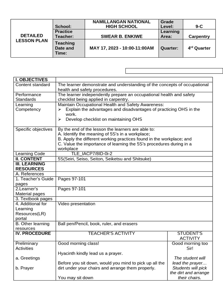 Final Demo Lesson Plan-Lesson 5-Carpentry | PDF