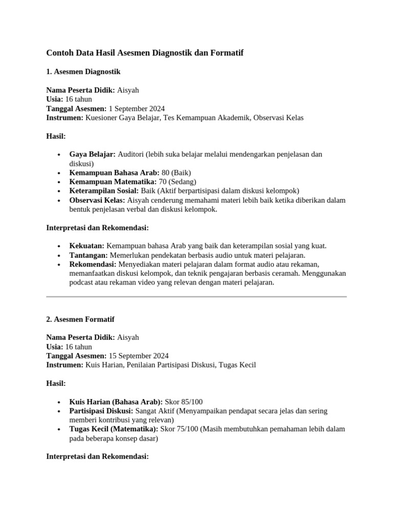 Data Hasil Asesmen Diagnistik Dan Formatif | PDF