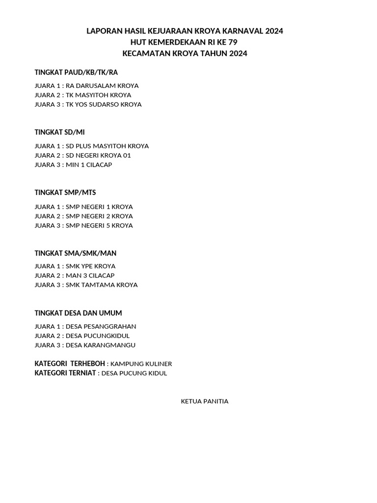 Laporan Hasil Kejuaraan Karnaval | PDF
