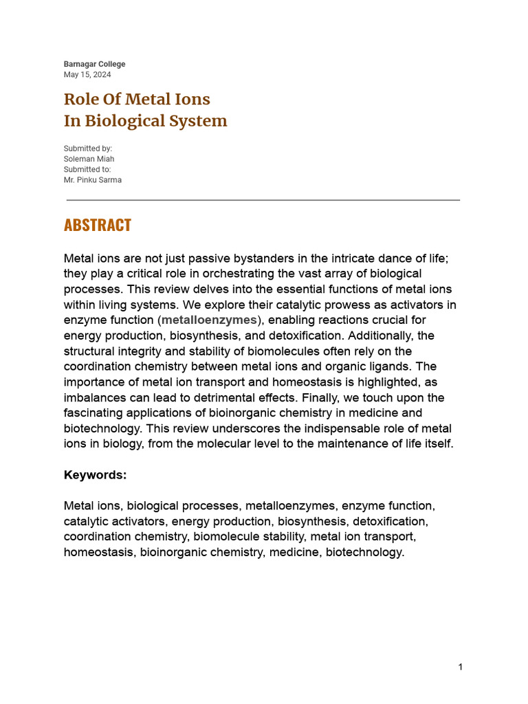 83 - Role of Metal Ions in Biological System | PDF | Enzyme | Metabolism
