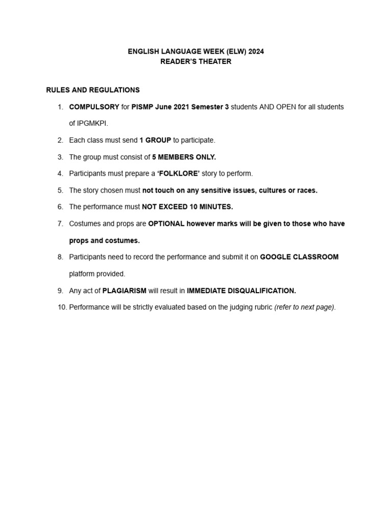 READERS’ THEATRE RULES AND REGULATIONS + RUBRIC | PDF