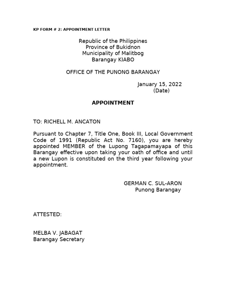 KP Form 2 Appointment Letter | PDF