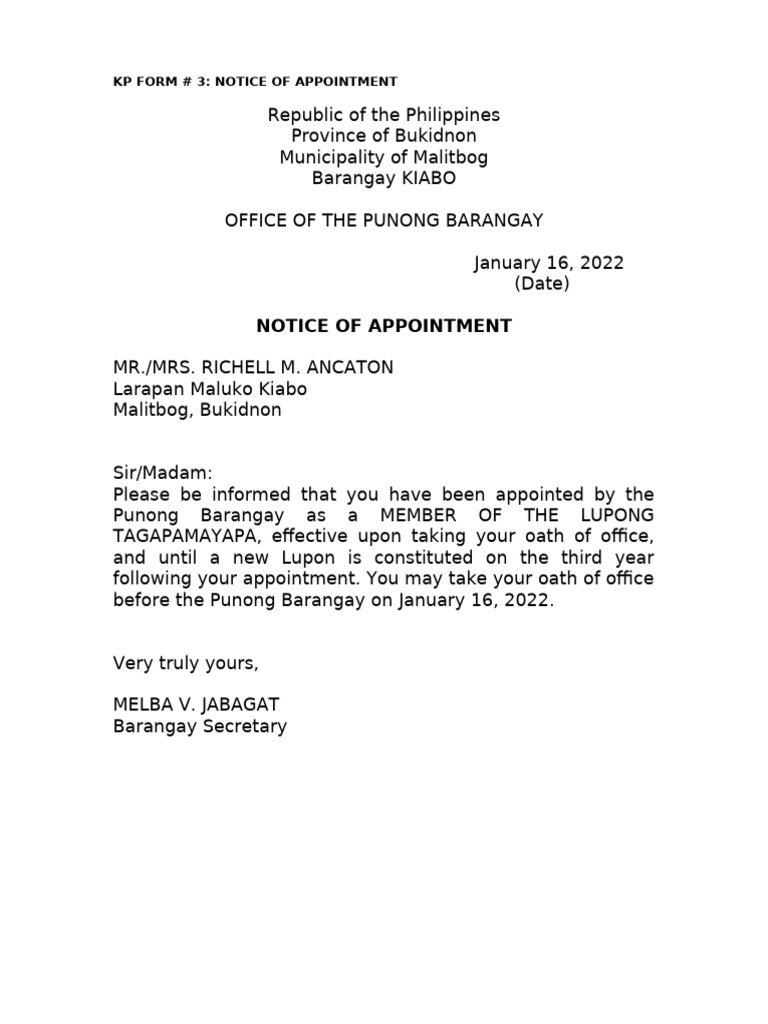 KP Form 3 Notice of Appointment | PDF